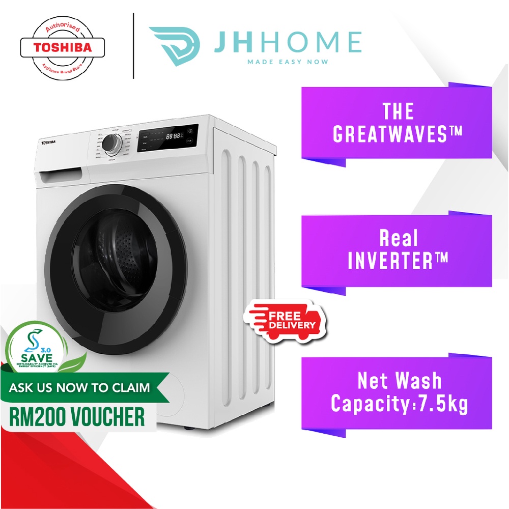 Toshiba 7.5KG Front Load Real Inverter Washing Machine TW-BH85S2M(WK) | Washer | Mesin Basuh ...