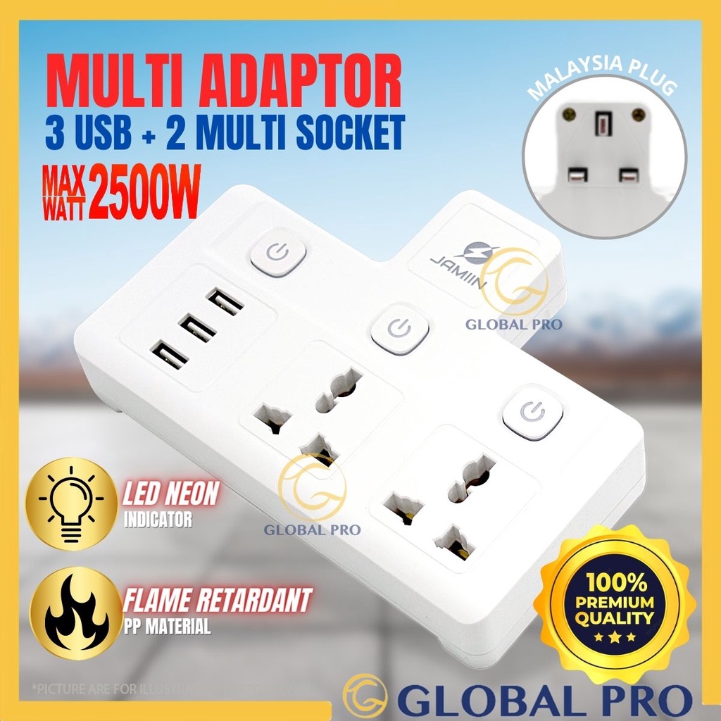 UNS-3K2U 3USB + 2 Multi Socket T-ADAPORT 2.4A USB Universal Extension ...