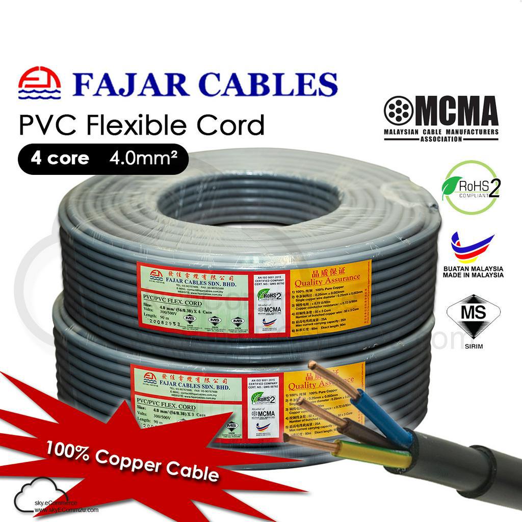 FAJAR 4 Core 4 mm PVC Flexible Cable PER METER 100% Pure Copper 4core 4mm | Shopee Malaysia