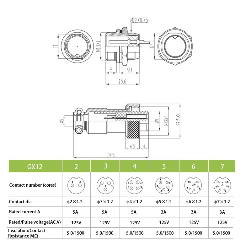 1 set of gx12-2 / 3 / 4 / 5 / 6 / 7-pin male and female 12mm diameter ...