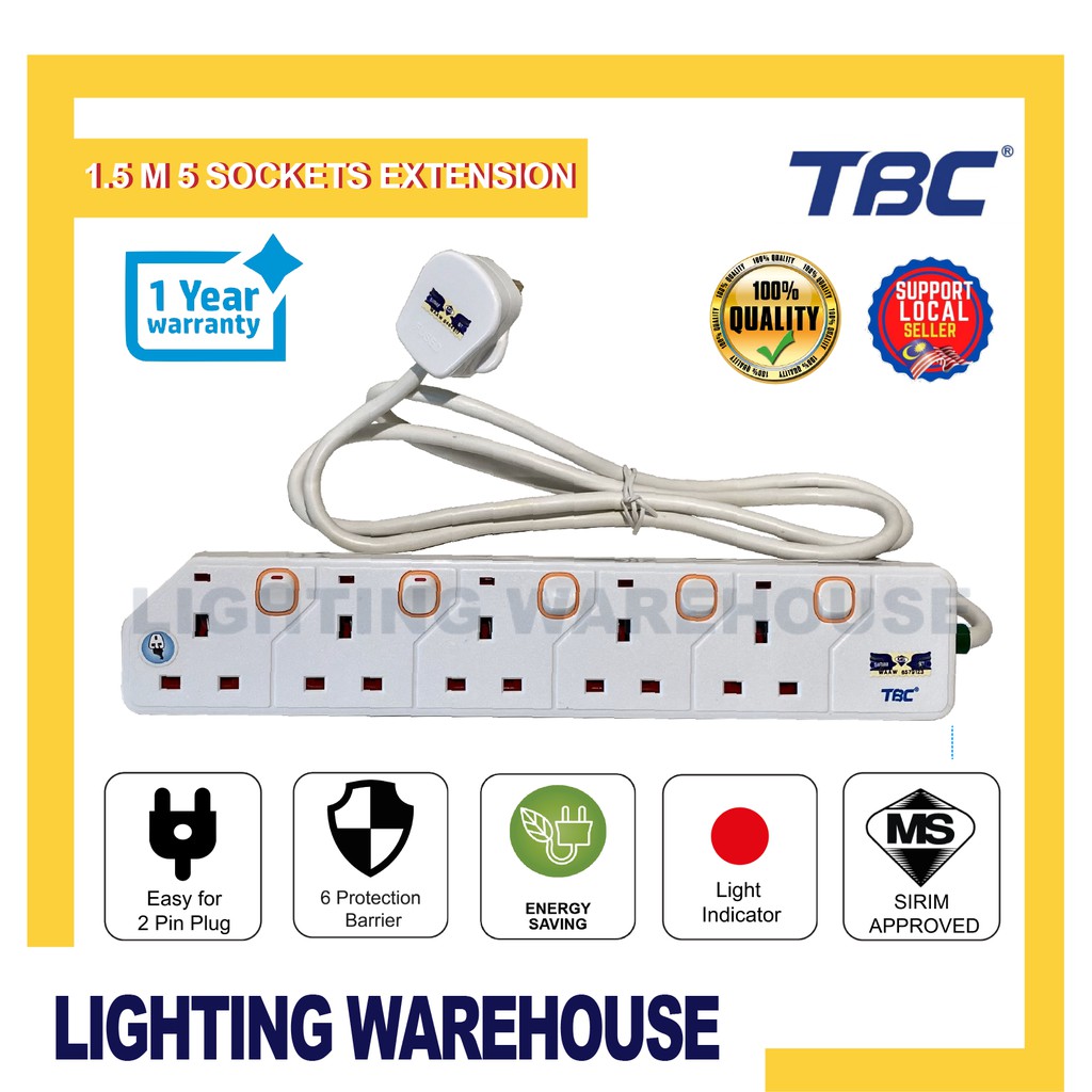 【SIRIM APPROVED】TBC Premium TTS Portable Trailing Socket 5 way 1.5M UK ...