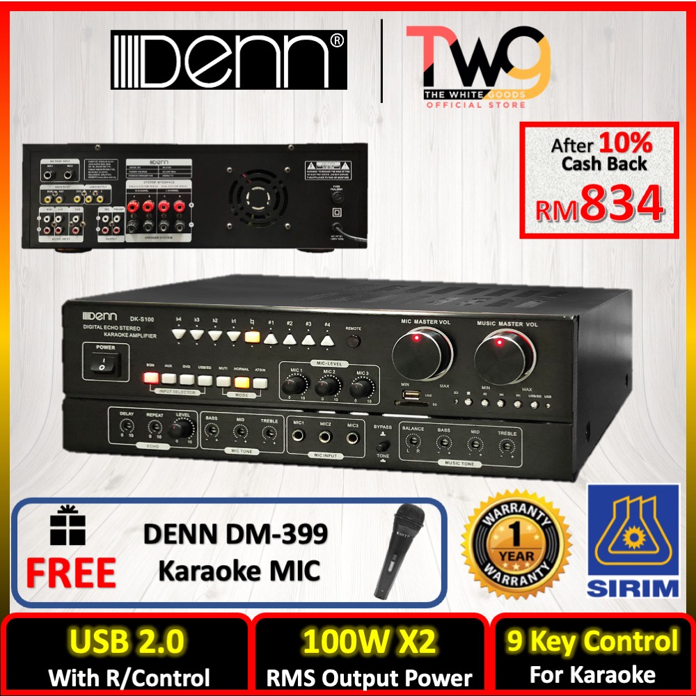 [FREE MIC] DENN DK-S100 Digital Echo Stereo USB/SD 100W x2 Karaoke Amplifier (WITH SIRIM ...