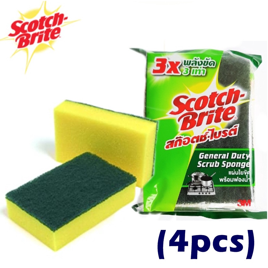 (4pcs) Scotch-Brite Scouring Pad (THAI) 3M General Duty Scrub Sponge ...
