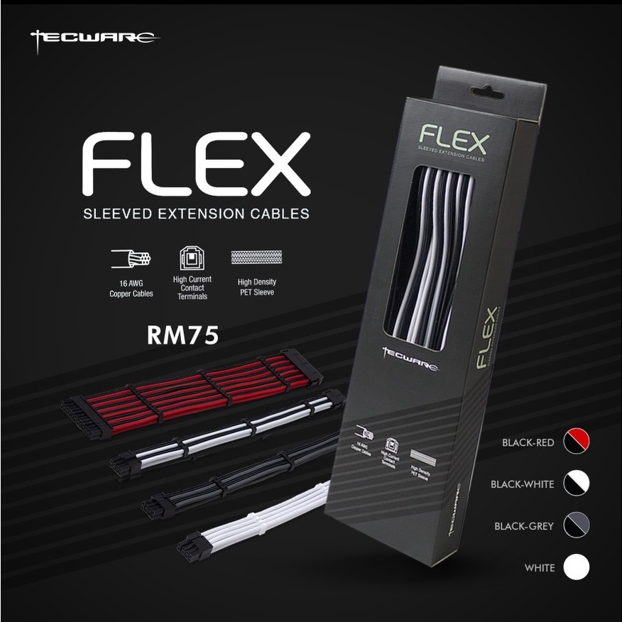 Tecware FLEX PSU Extension Sleeved Cables - White, Black/Grey, Black ...