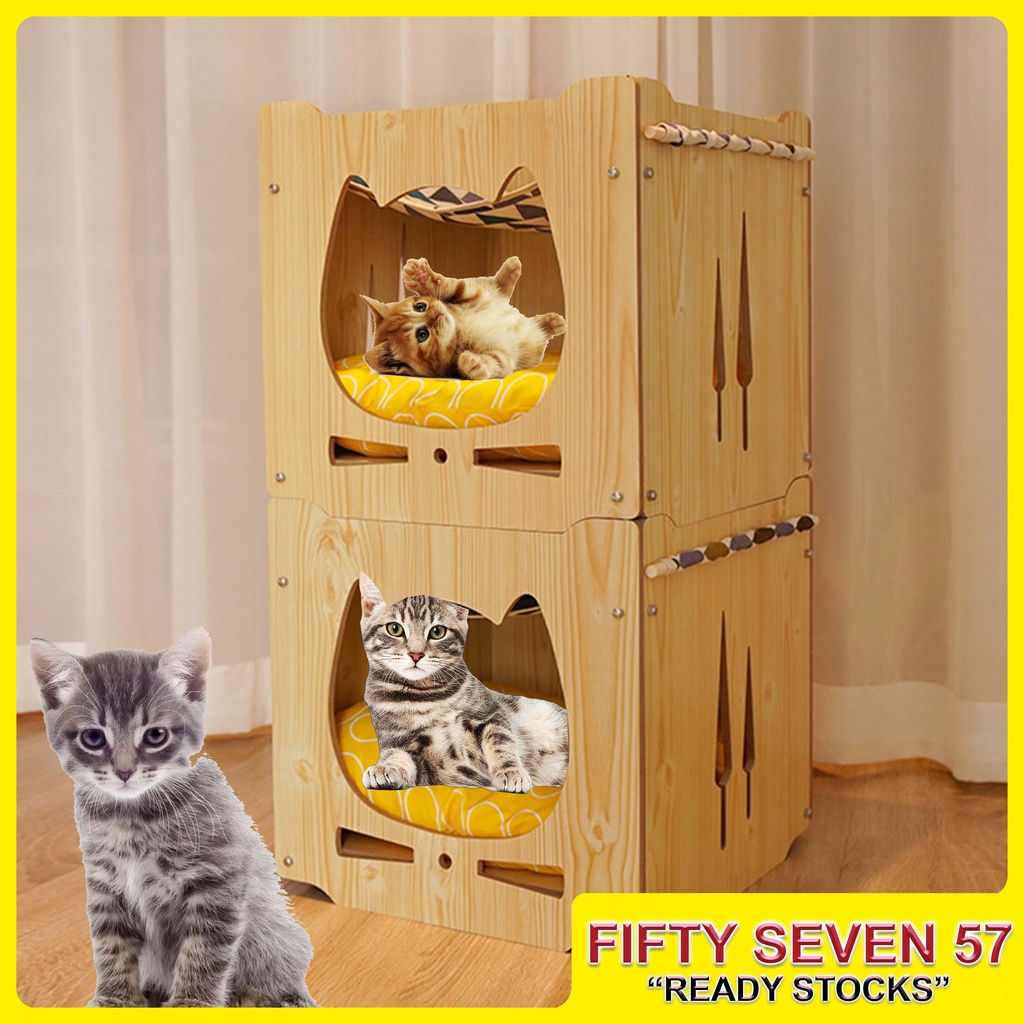 Wooden Stackable Cat House With Hammock Bed Cat Square Box Cat Wood Box ...