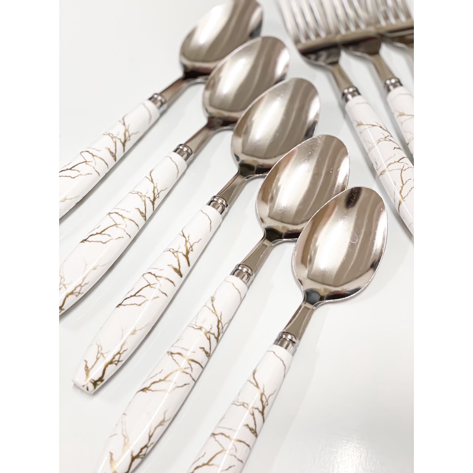 5 pcs White And Black Marble Spoon And Fork Stainless Steel 汤匙 和 叉子 ...