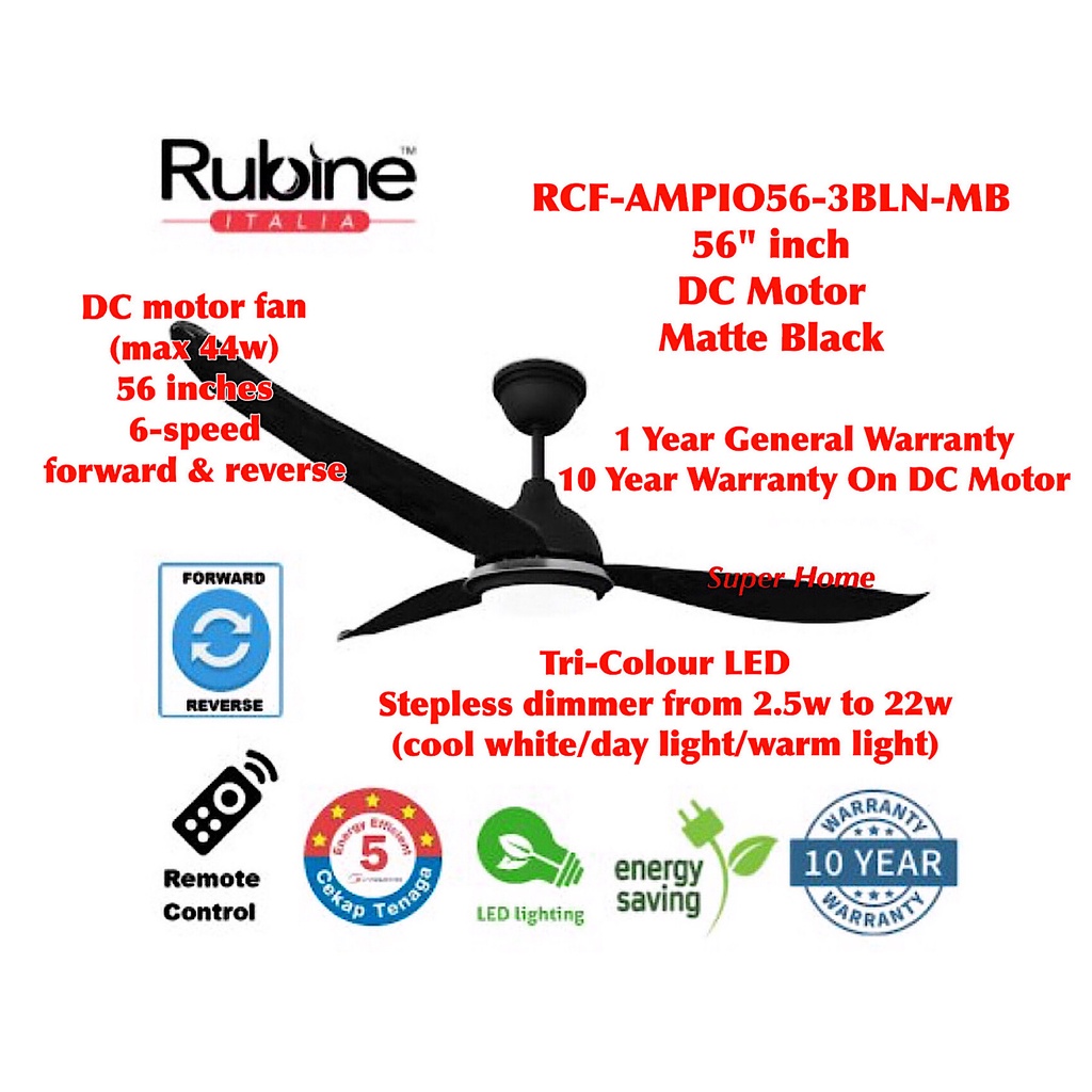 Rubine Remote Control Ceiling Fan with Dimmer LED Light RCF-AMPIO56-3BLN-MB Matte Black 56 inch ...