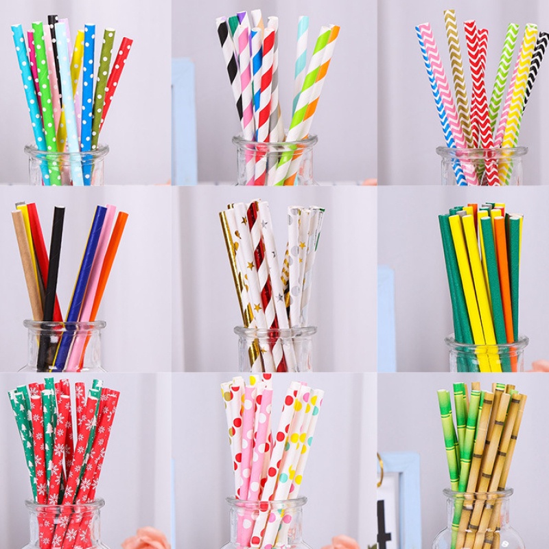 100pcs/pack Polka Dot Striped Disposable Eco-friendly Paper Straw Mix ...