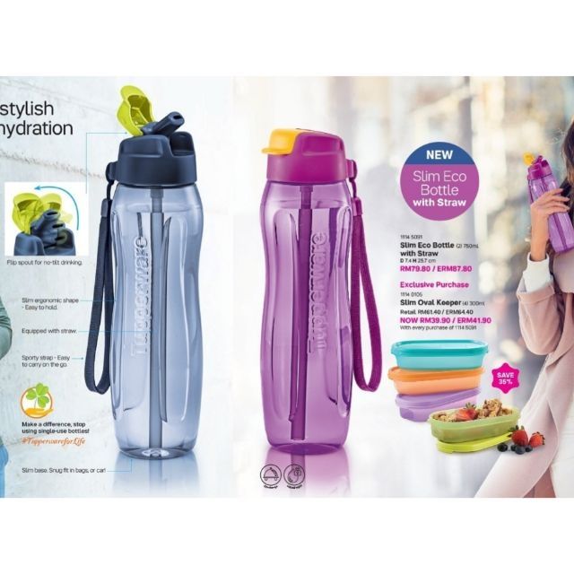 Tupperware Slim Eco Bottle 750ML with Straw and PWP Slim Oval Keeper ...