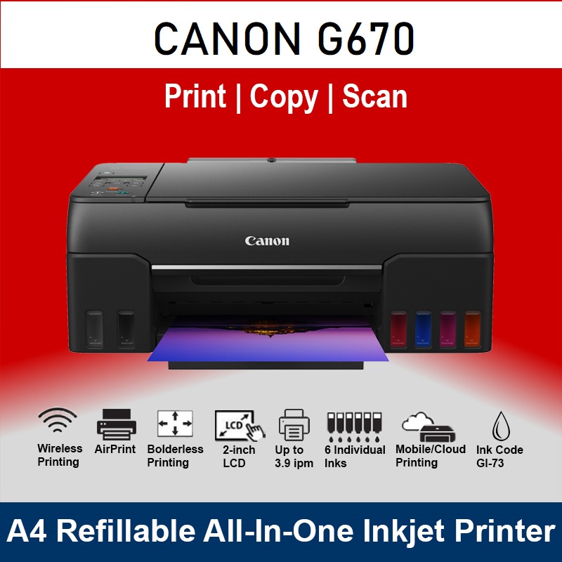 Canon G670 Easy Refillable Wireless All-In-One Ink Tank Printer ...