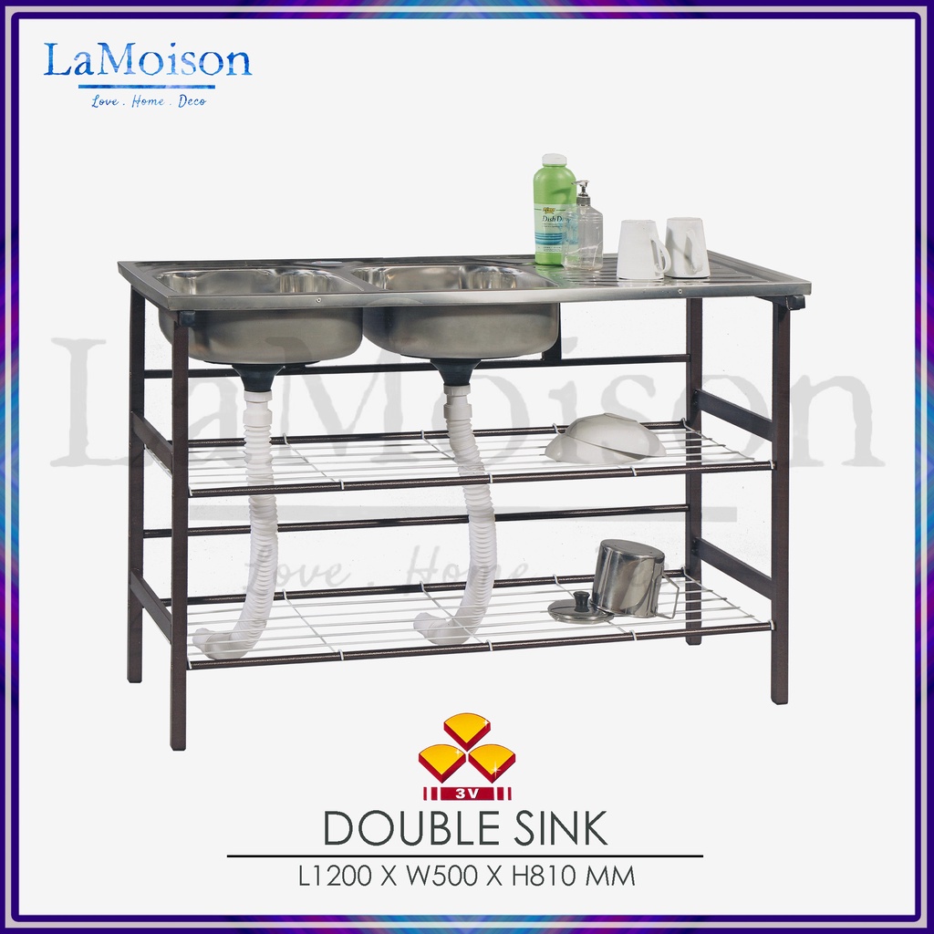 LaMoison Stainless Steel Double Sink With Rack Storage Sinki Dapur ...