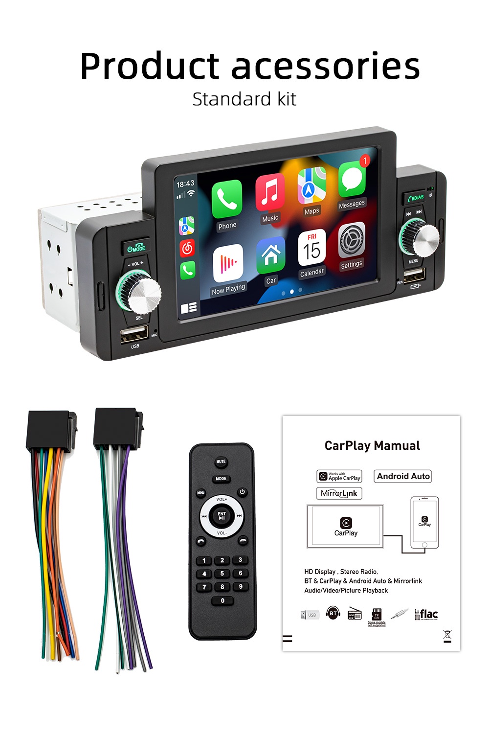 ESSGOO Single 1 Din 5" Car Player Bluetooth Multimedia MP5 Player With Carplay Android Auto FM ...