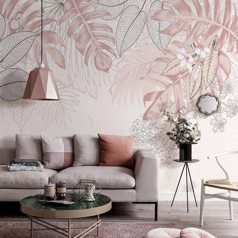 Custom er Nordic Ins Hand-painted Pink Tropical Plants Leaves Indoor ...