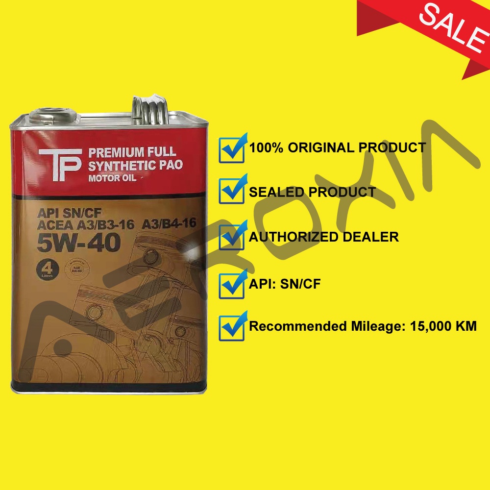TP MOTOR OIL PREMIUM FULL SYNTHETIC PAO 5W-40 API SN/CF 4L TIN | Shopee ...