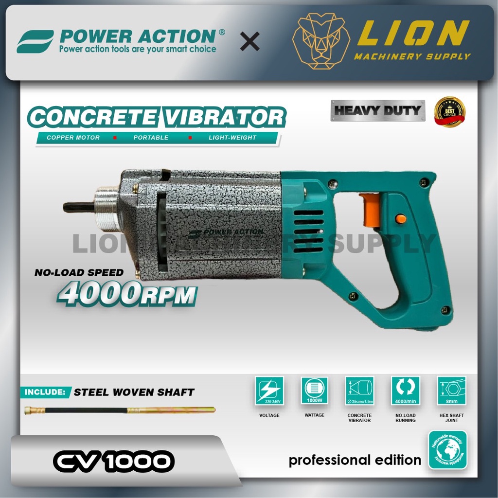 Power Action CV1000 Concrete Vibrator Poker 1000Watt with 35mm x 1 ...