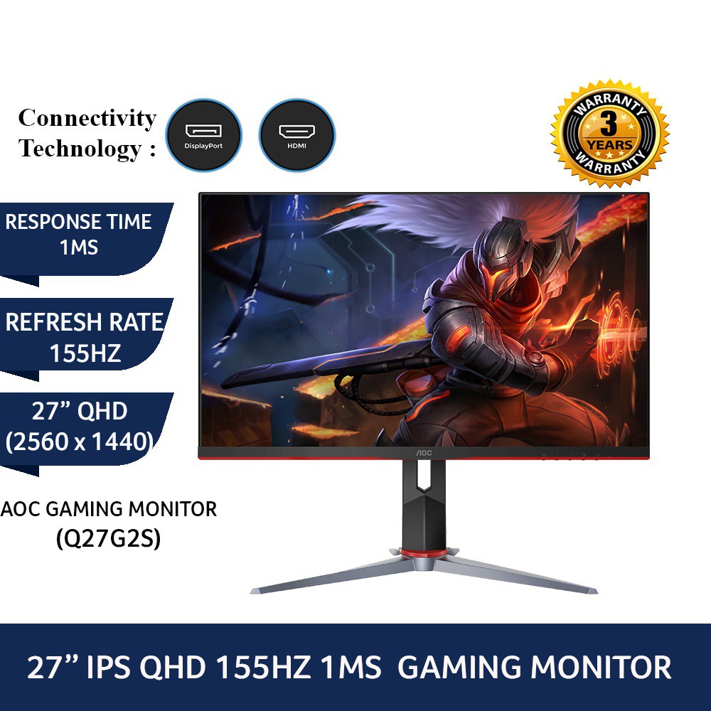 AOC Q27G2S 27" IPS 155HZ 1MS ADAPTIVE SYNC QHD GAMING MONITOR | Shopee ...