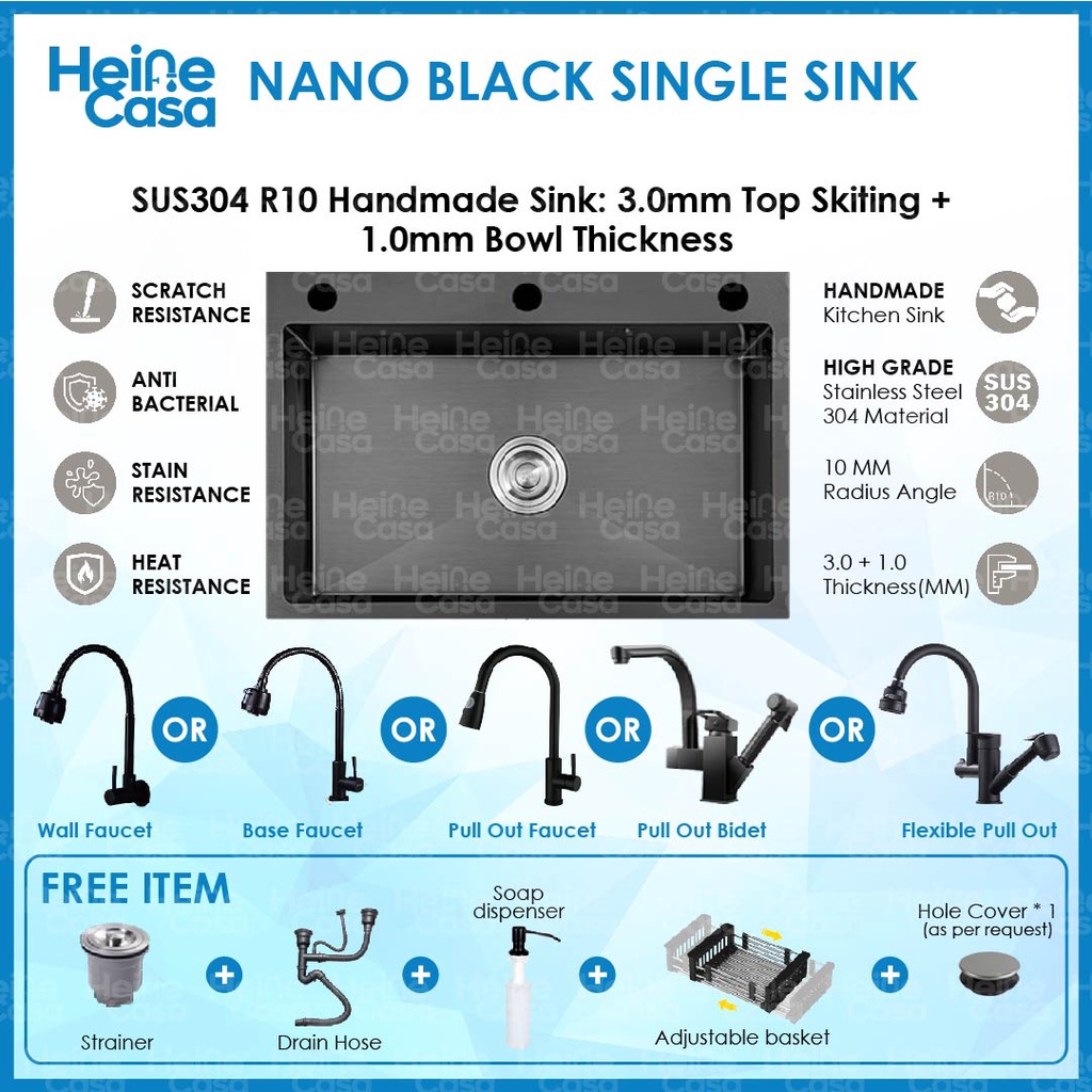 Nano Black Stainless Steel Kitchen Single Sink Sinki Dapur with 5 type ...