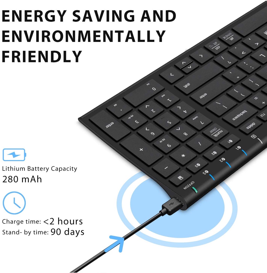 BK10 Bluetooth Keyboard, Multi Device Rechargeable with Number Pad Ergonomic Design Connect 3 ...