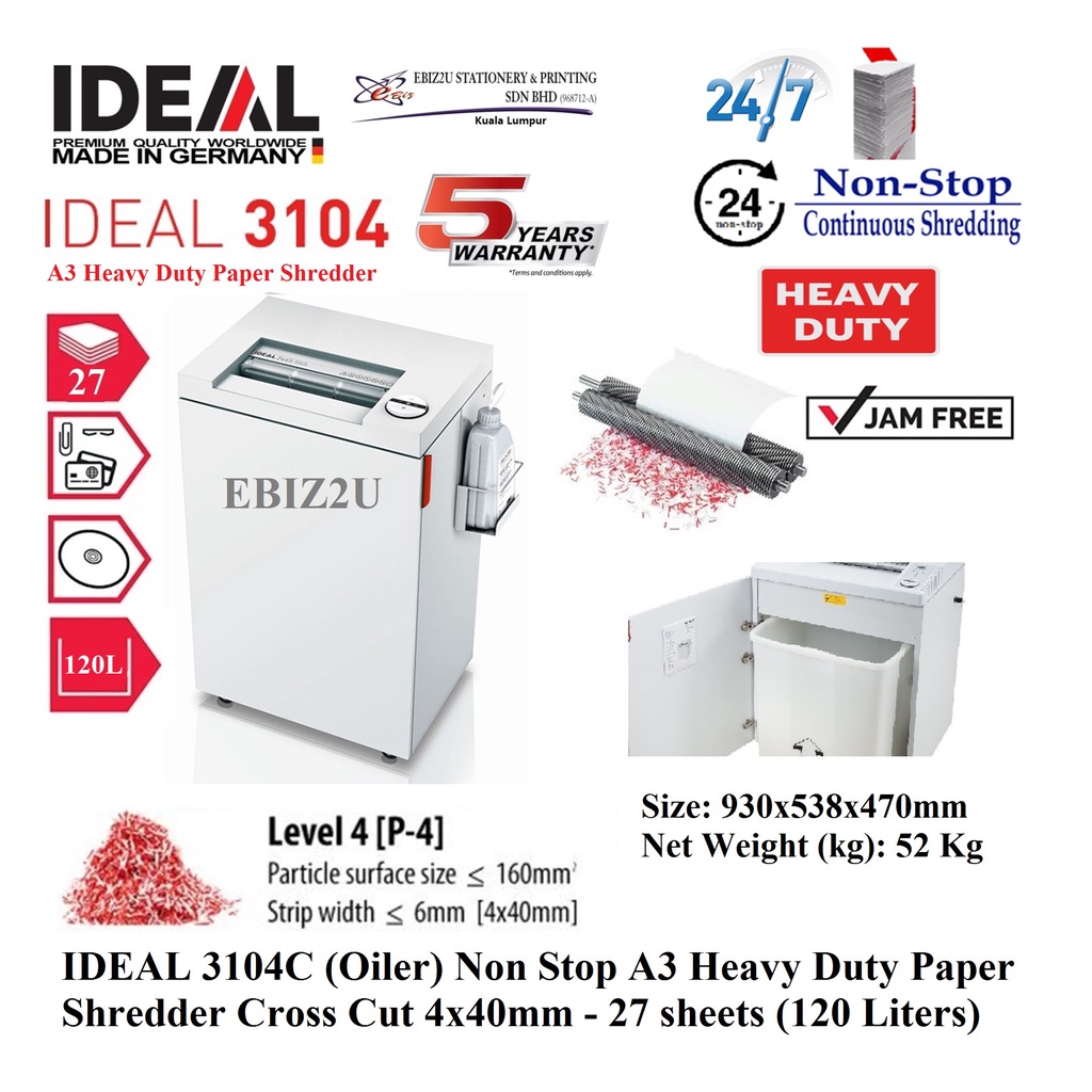 IDEAL 3104 C 4x40mm Oiler Non Stop A3 Heavy Duty Paper Shredder Cross Cut 27 sheets 120 Liters ...