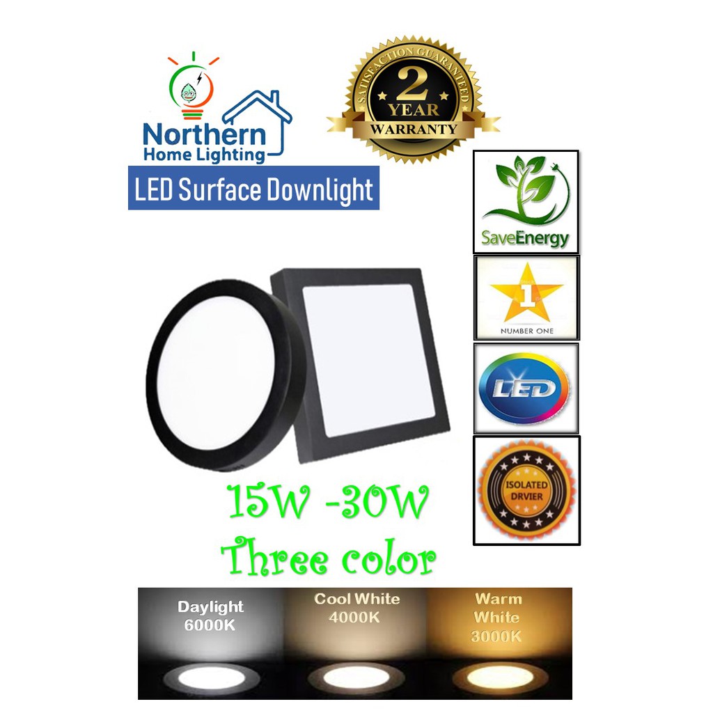 15W 20W 30W 3 Color LED Surface Downlight Round /Square Black Casing ...