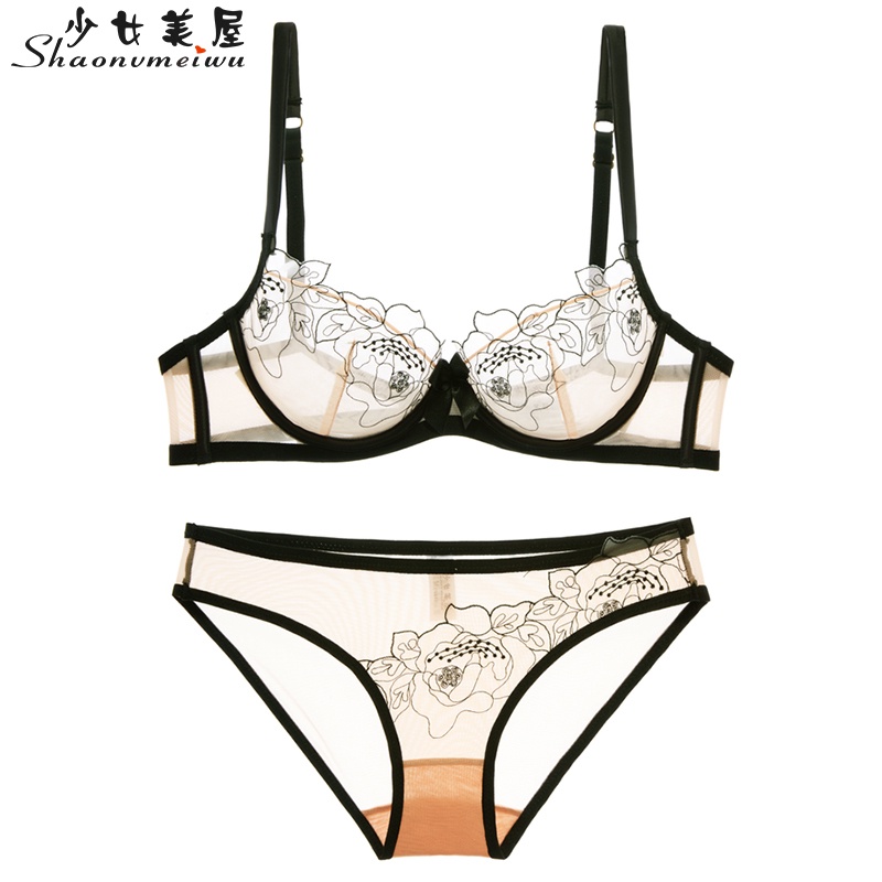 Big Breasts Look Small Lace French Embroidery Popular Fashion Underwear Complete Set Bra Ultra ...