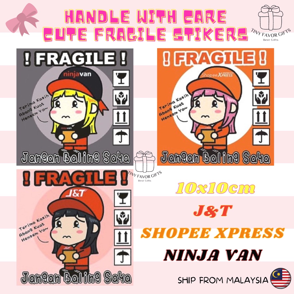 10x10cm 10PCS Cute Fragile Sticker Handle with care Label Tape Pelekat ...