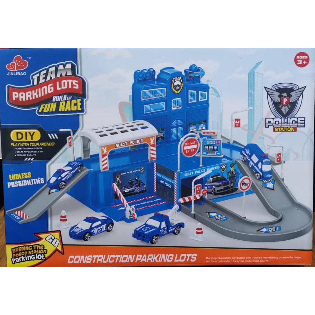 TEAM PARKING LOT BUILT THE FUN RACE-POLICE SWAT STATION + 4 PLASTIC CAR ...