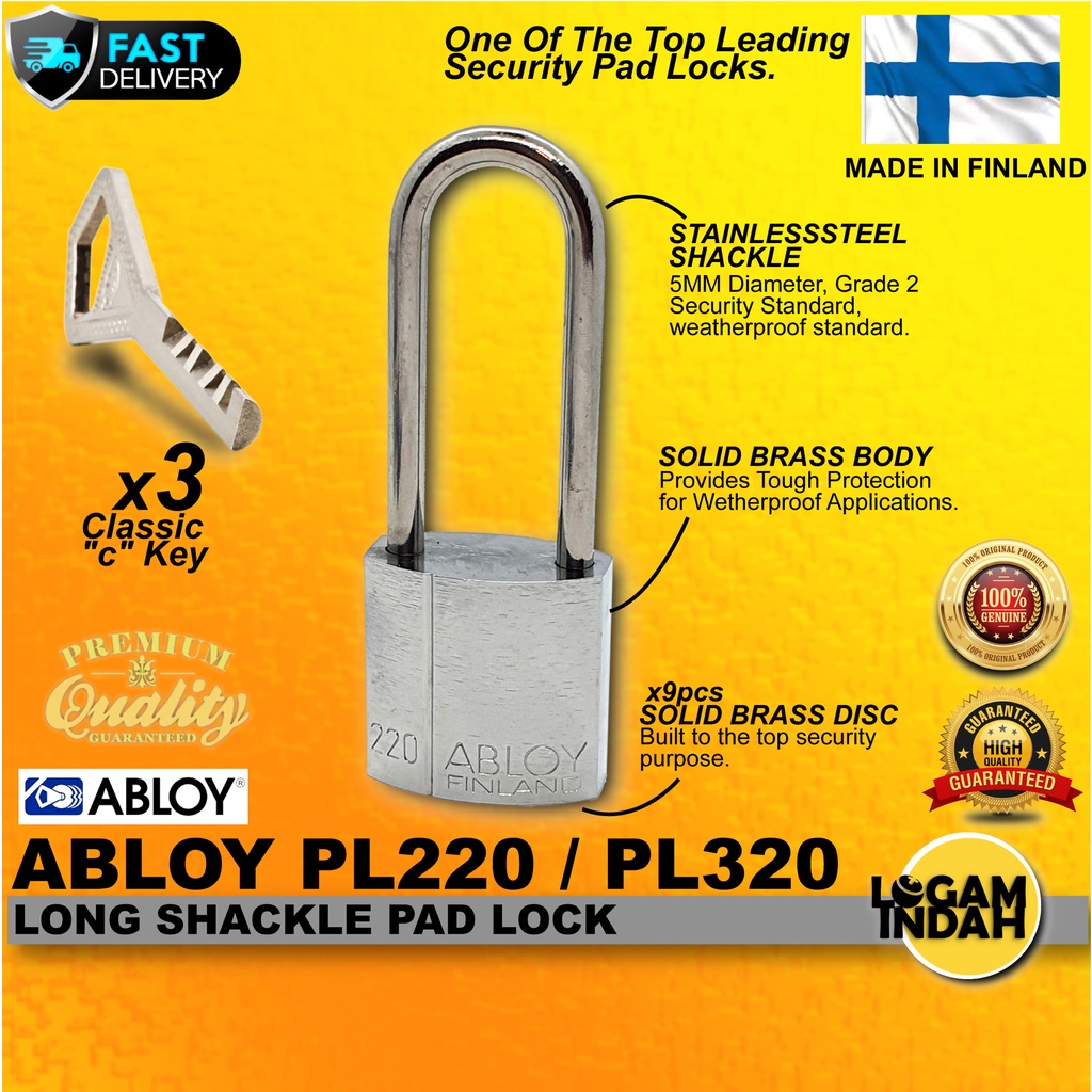 ABLOY LONG SHACKLE TOP SECURITY PAD LOCK PL 221/50 , PL 320/50 ( MADE ...