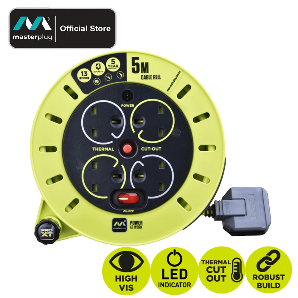 Masterplug Pro-XT 5 Meter 4 Gang 13A Cassette Reel Portable Extension ...