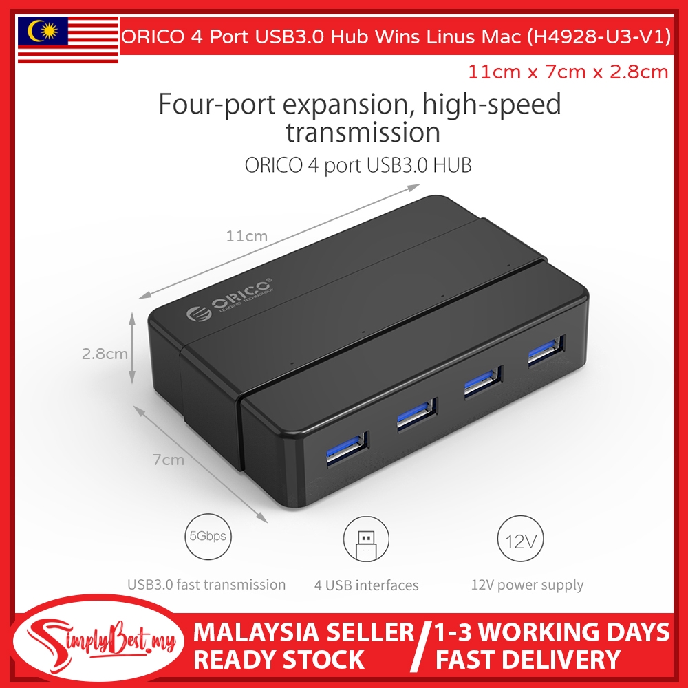 SIMPLYBEST ORICO 4 Port 5Gbps Super Speed USD3.0 Hub H4928-U3-V1 with 12V2A Power Adapter Strong ...