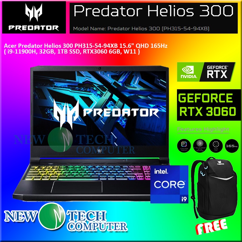 LAPTOP GAMING Acer Predator Helios 300 PH315-54-94XB 15.6" QHD 165Hz ...