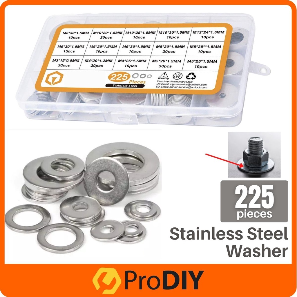 225 Pieces SS304 Stainless Steel Flat Washers Set Washers Hardware M3 ...