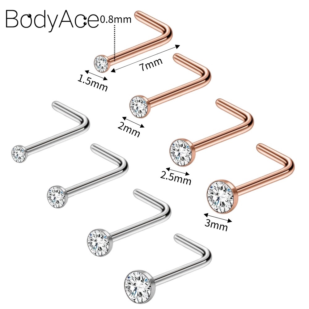 Bodyace 1.5-3mm Nose Stud Set 8 pcs Crystal Nostril Piercings Stainless ...