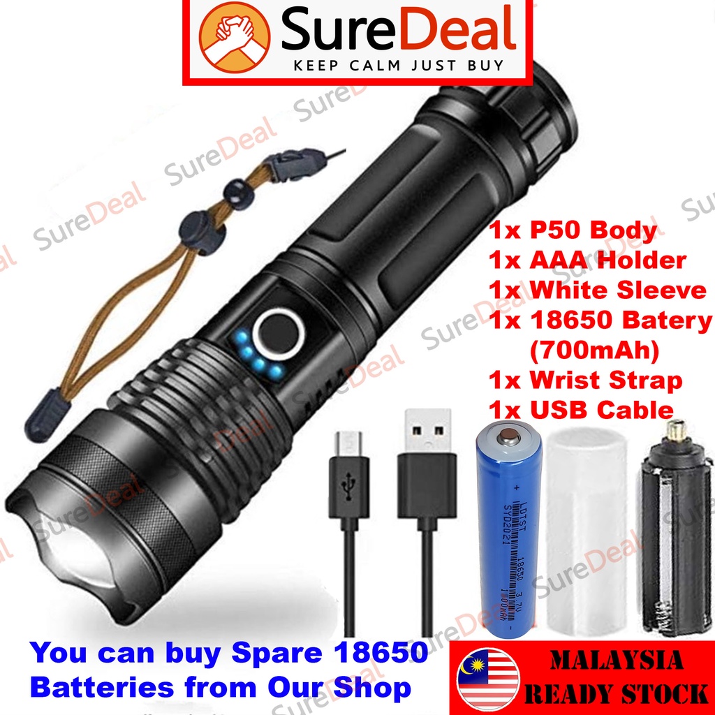 SUREDEAL P50 Rechargeable Flashlight XHP50 Cree LED Super Bright Zoom ...