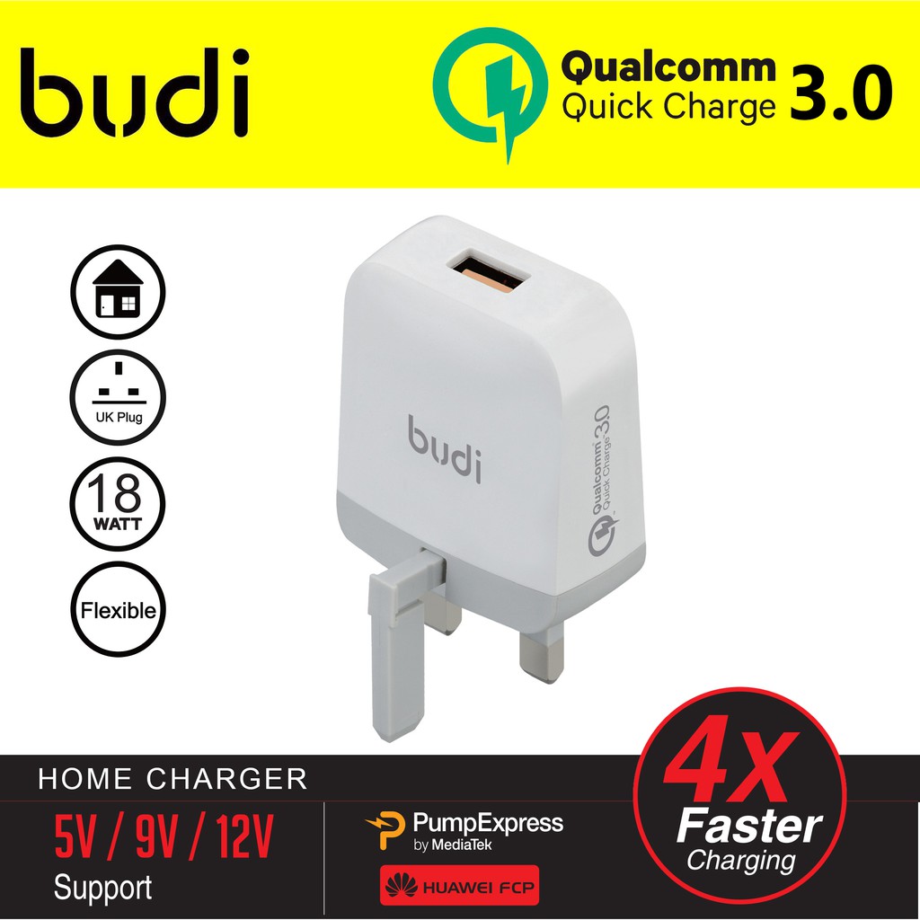 BUDI FAST CHARGER 18W HOME CHARGER 1 USB PORTS QC 3.0 4X FASTER ...