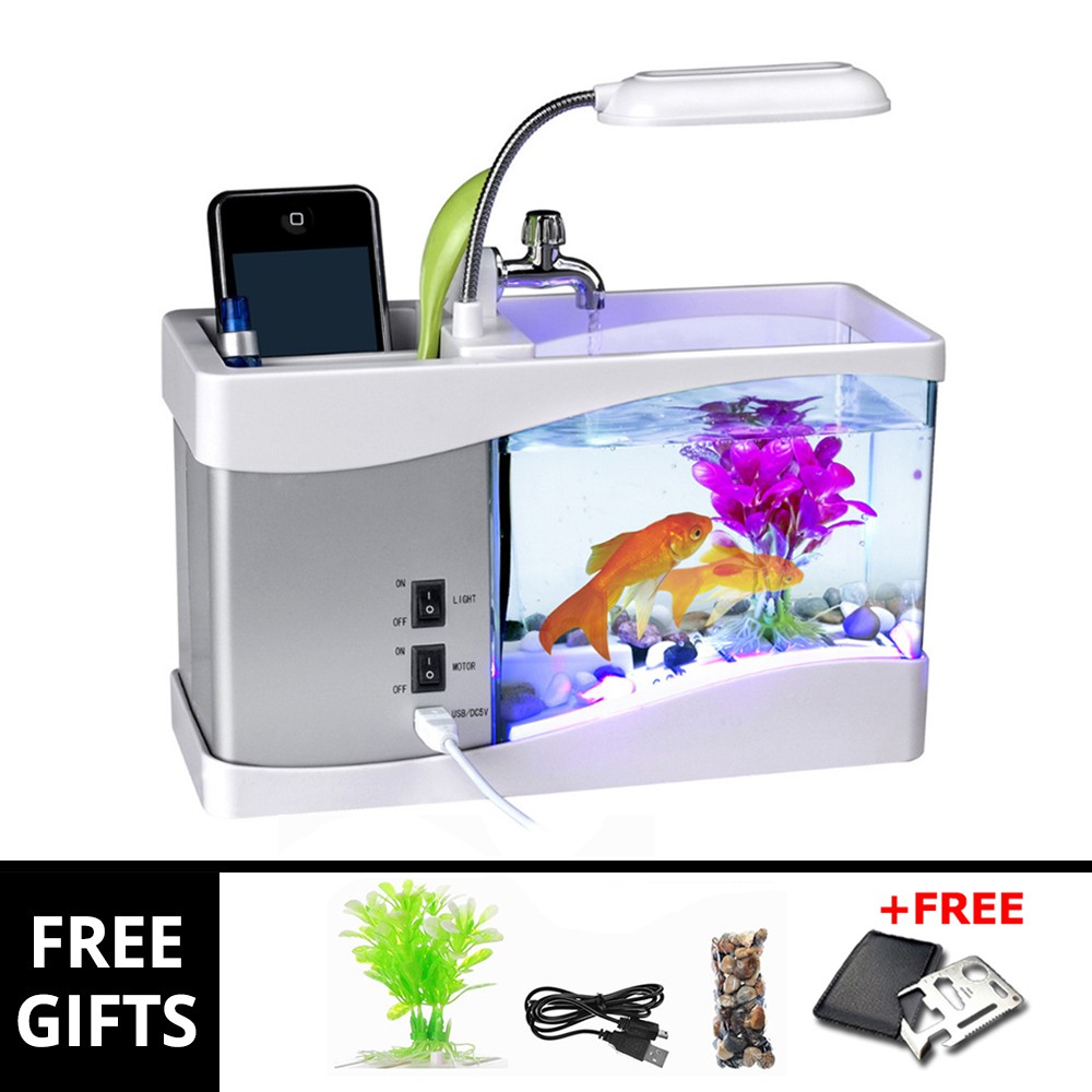 Akuarium Ikan Berlampu USB MINI LED AQUARIUM FISH TANK STATIONERY CLOCK ...