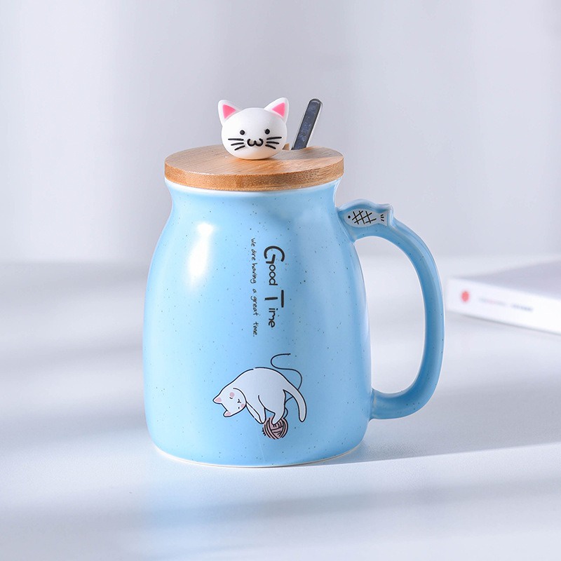 450ML Cute Cat Ceramic Mug With Cover and Spoon Tea Cup Water Cup Door ...