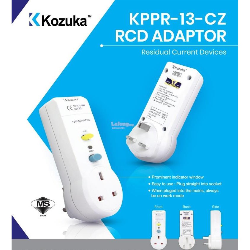 KOZUKA 13A PLUG IN ELCB SOCKET / RCD ADAPTOR TESTER (SIRIM) | Shopee ...