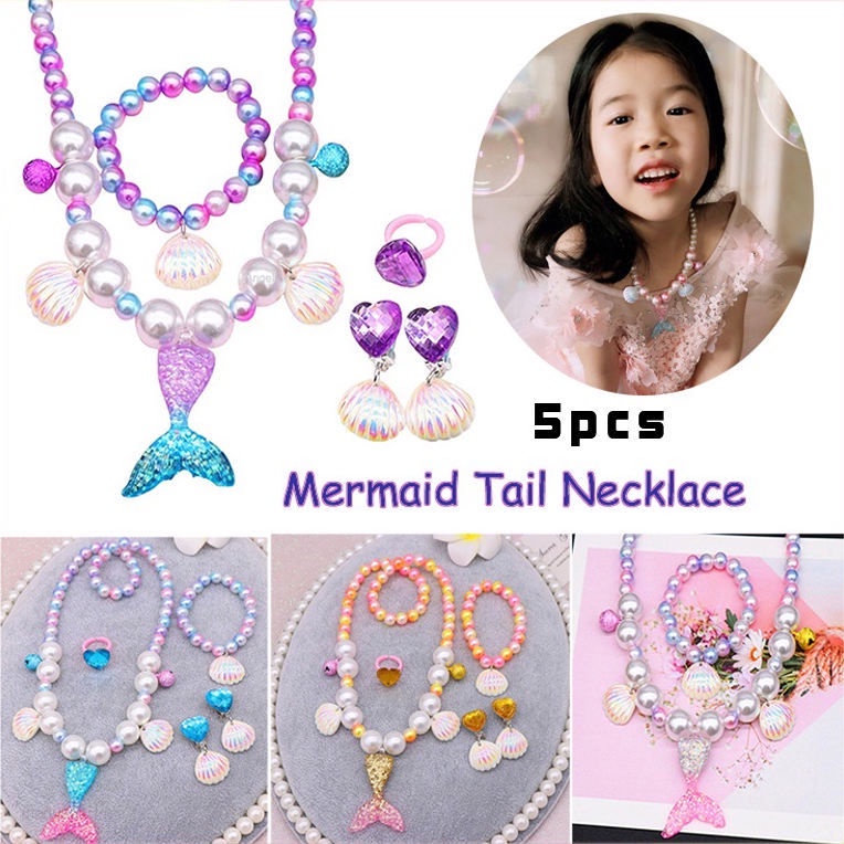 5pcs/set Mermaid Pearl Shell Necklace Pendant Earrings Rings Set Girl ...