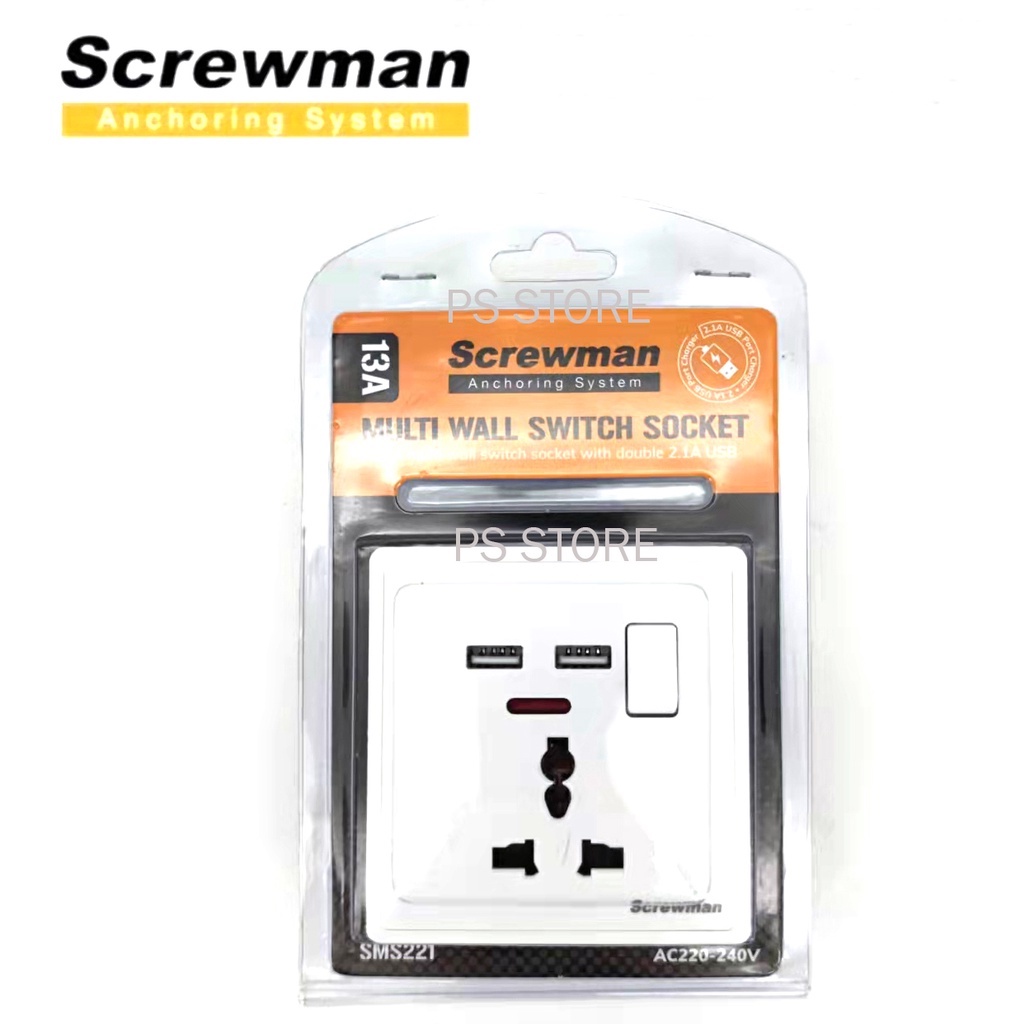 Screwman 13A Multi Wall Switch Socket with Double 2.1A USB Port ...