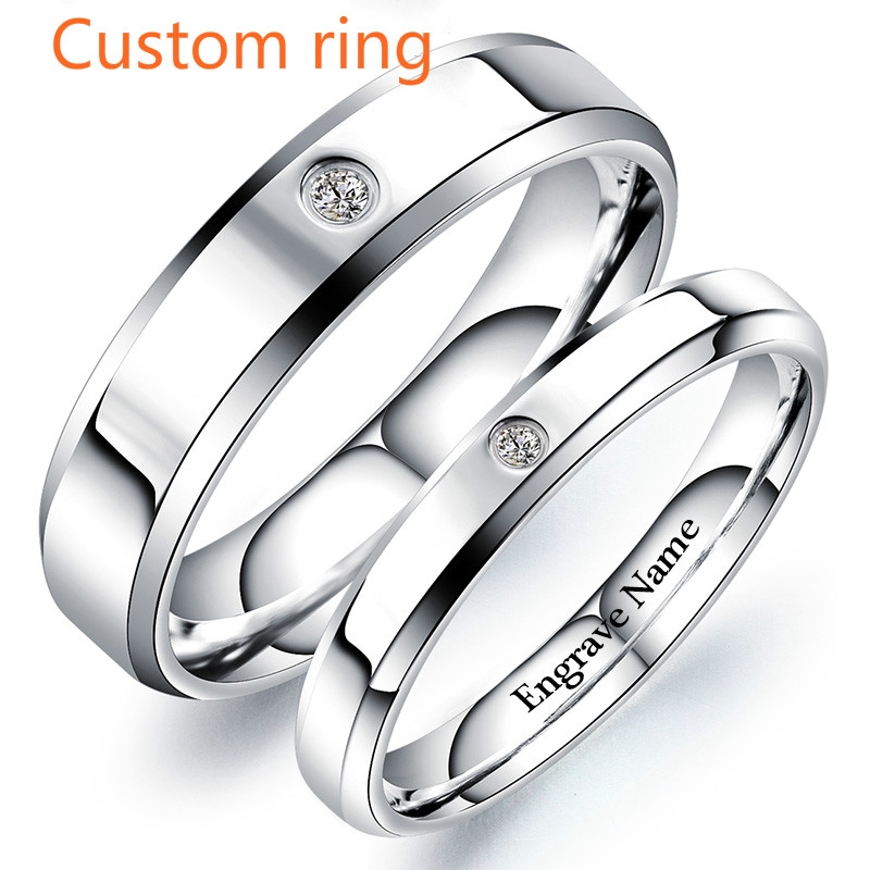 Engrave Name Couple Crystal Rings Simple Style Stainless Steel Wedding ...