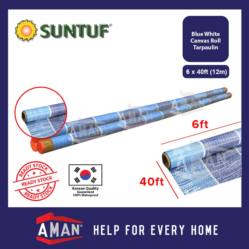 SUNTUF Blue White Canvas Roll Tarpaulin 6ft x 40ft(12M) / Kanvas Biru ...