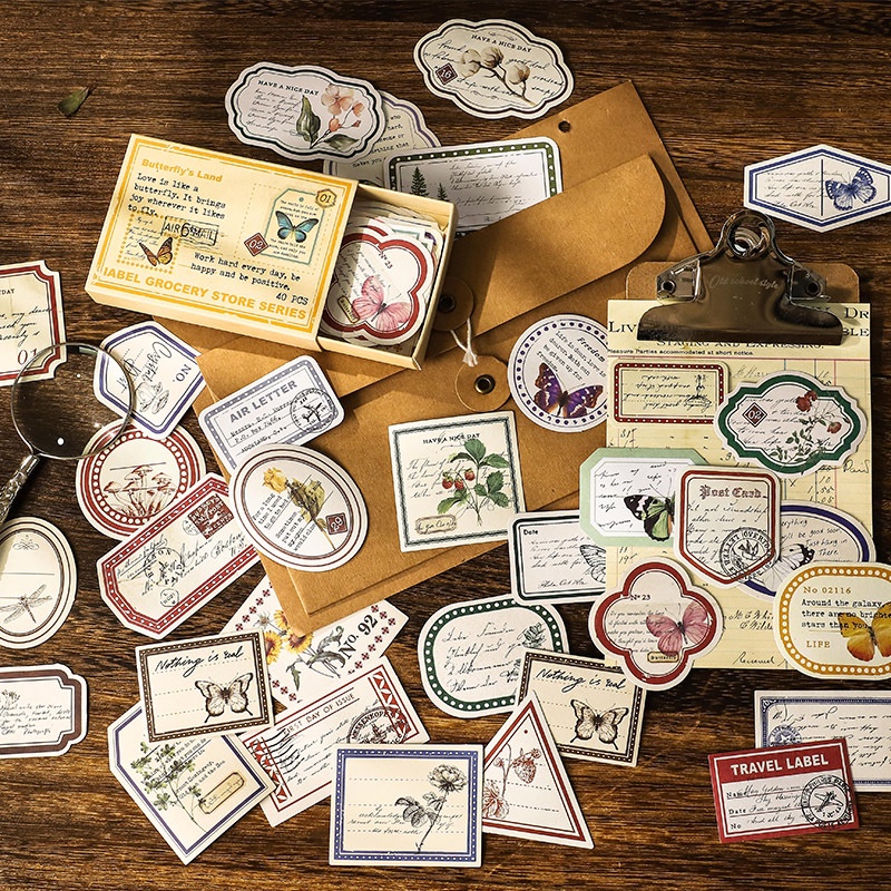 40 Pcs Vintage Scrapbook Stamp Label Stickers Antique Stickers ...