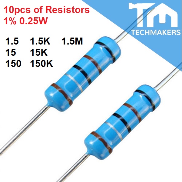 10 pcs of Resistor 1% 0.25W 1.5, 15, 150, 1.5K, 15K, 150K, 1.5M ohm 1/4 ...