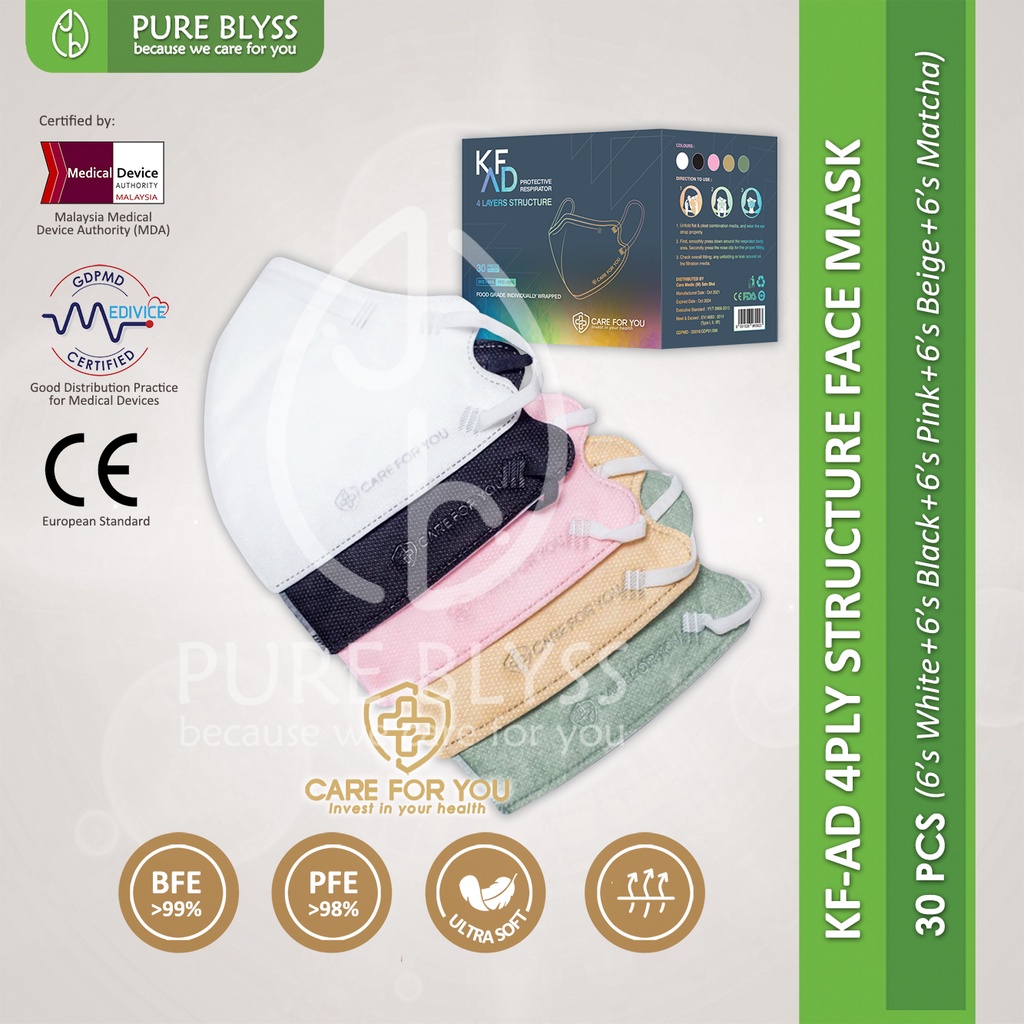 【MDA APPROVED!!】Care4U KFAD Korean Premium Face Mask 30 pcs Pure Blyss ...