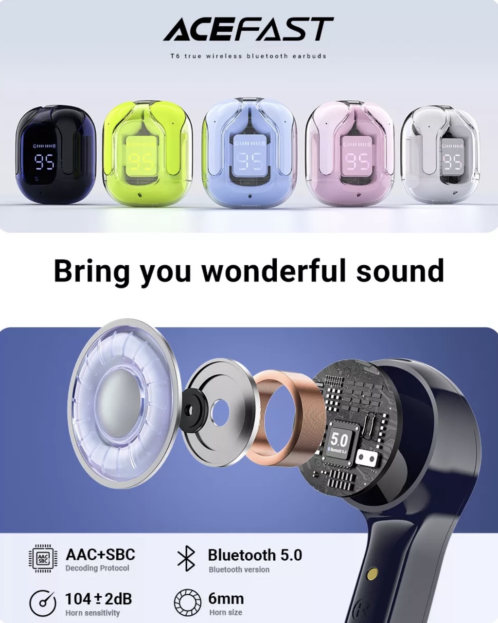AceFast T6 TWS Bluetooth ENC Earbuds LED Digital Display l Built-in Mic ...
