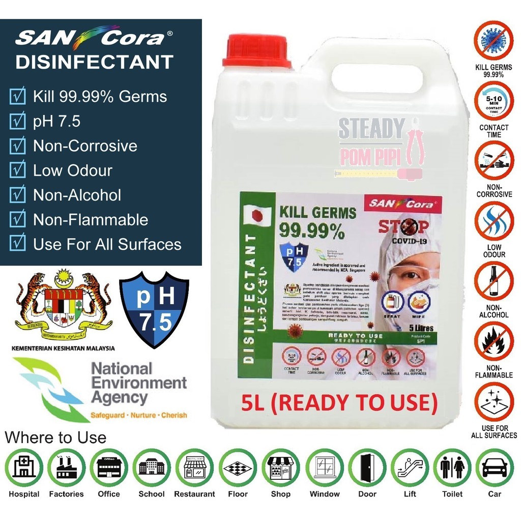 5L SANCORA DISINFECTANT / SANITIZER LIQUID SPRAY / SURFACE SANITISER ...