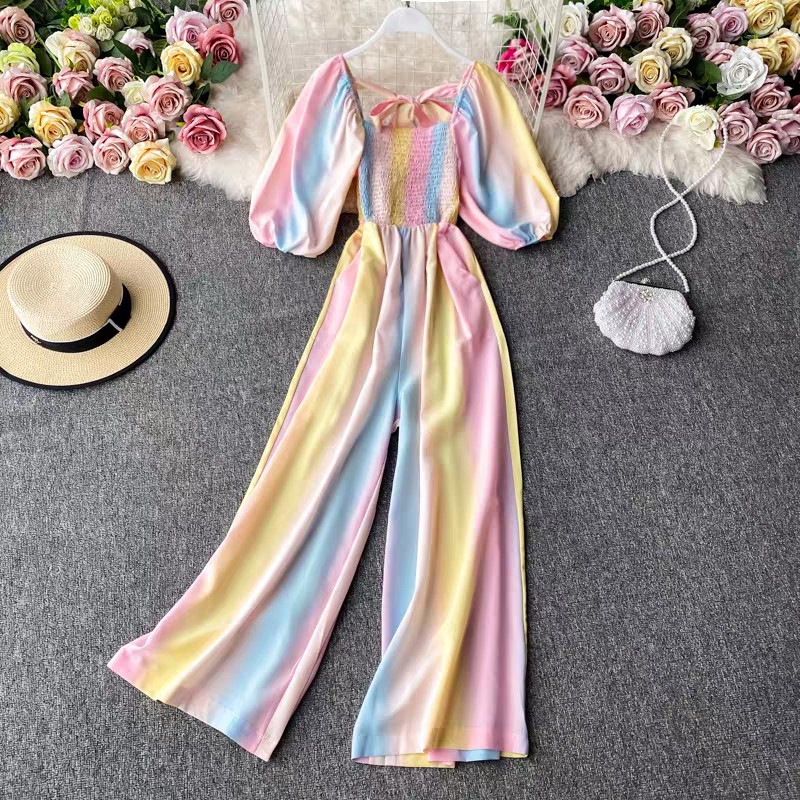 Korean version of the rainbow gradient color jumpsuit summer new ...
