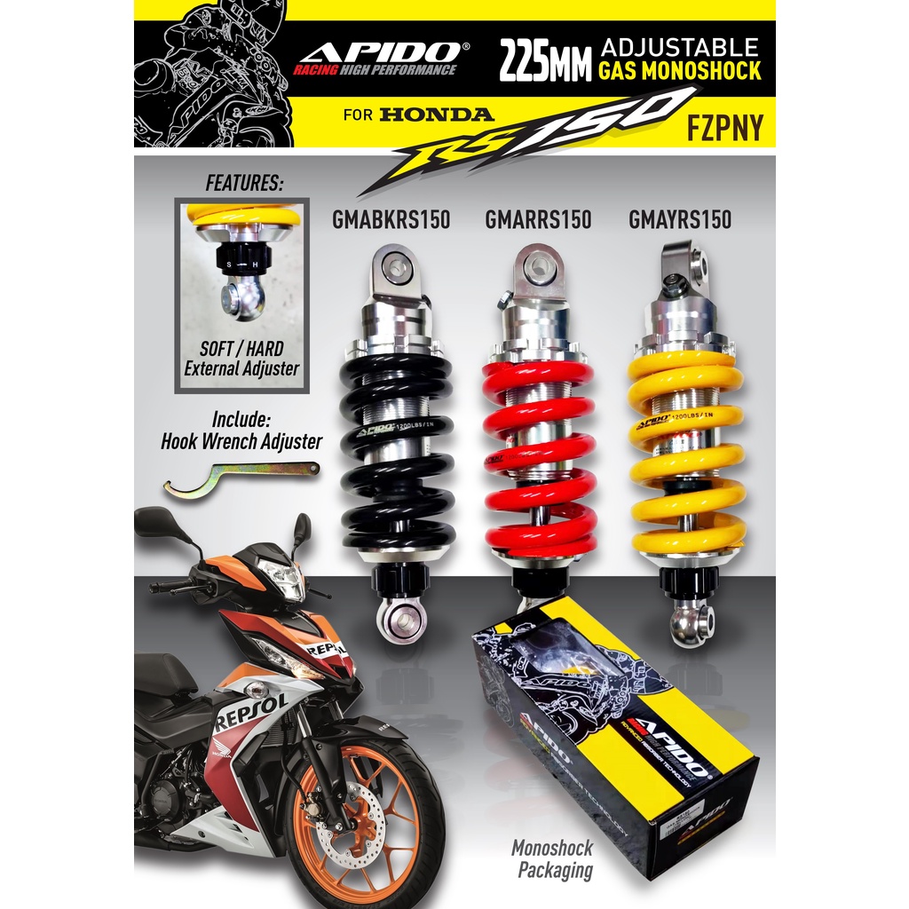 APIDO RS150 GAS MONOSHOCK 225MM 0 MONO SHOCK ABSORBER RS150R RS-150 RS ...