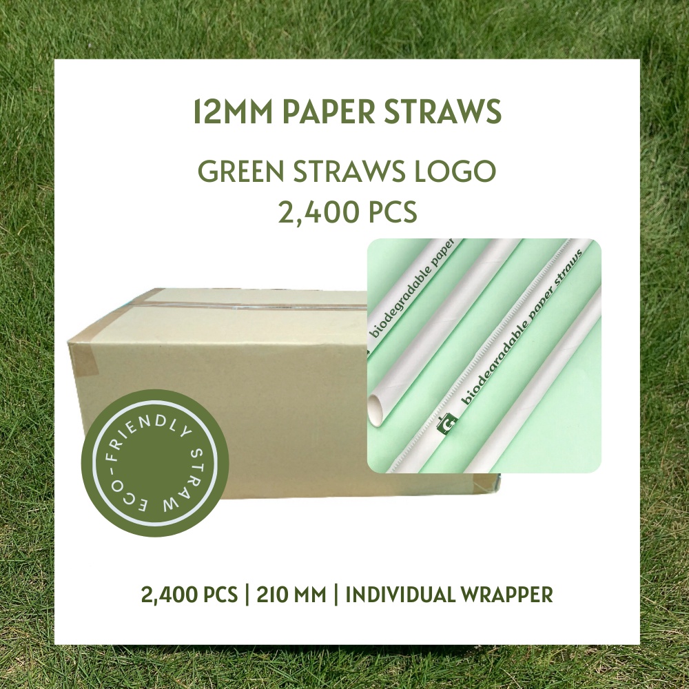 GREEN STRAWS 12mm x 210mm Paper Straw White with Individual Wrapper ...